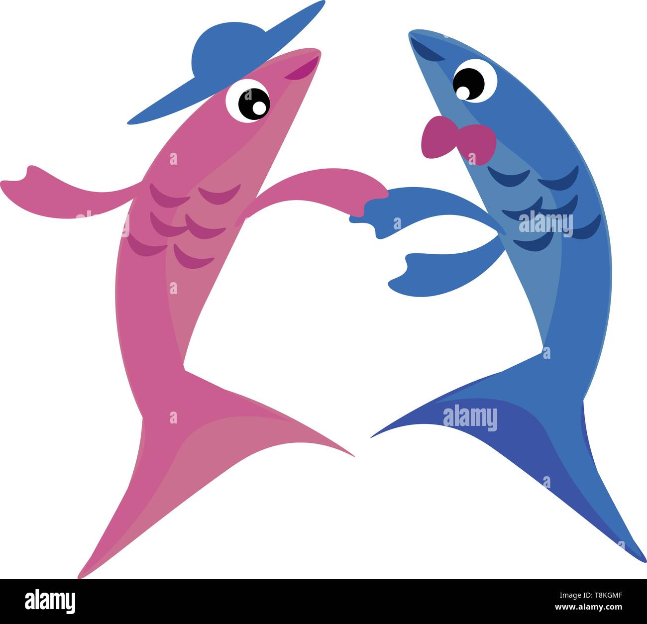 This is an image of two fishes dancing., vector, color drawing or ...