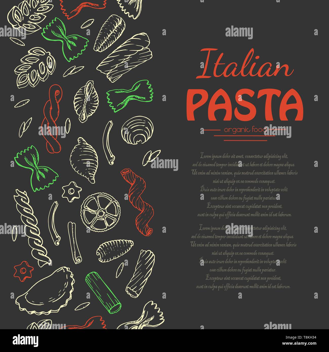 Vertical seamless pattern with Italian pasta on dark background. Vector ...