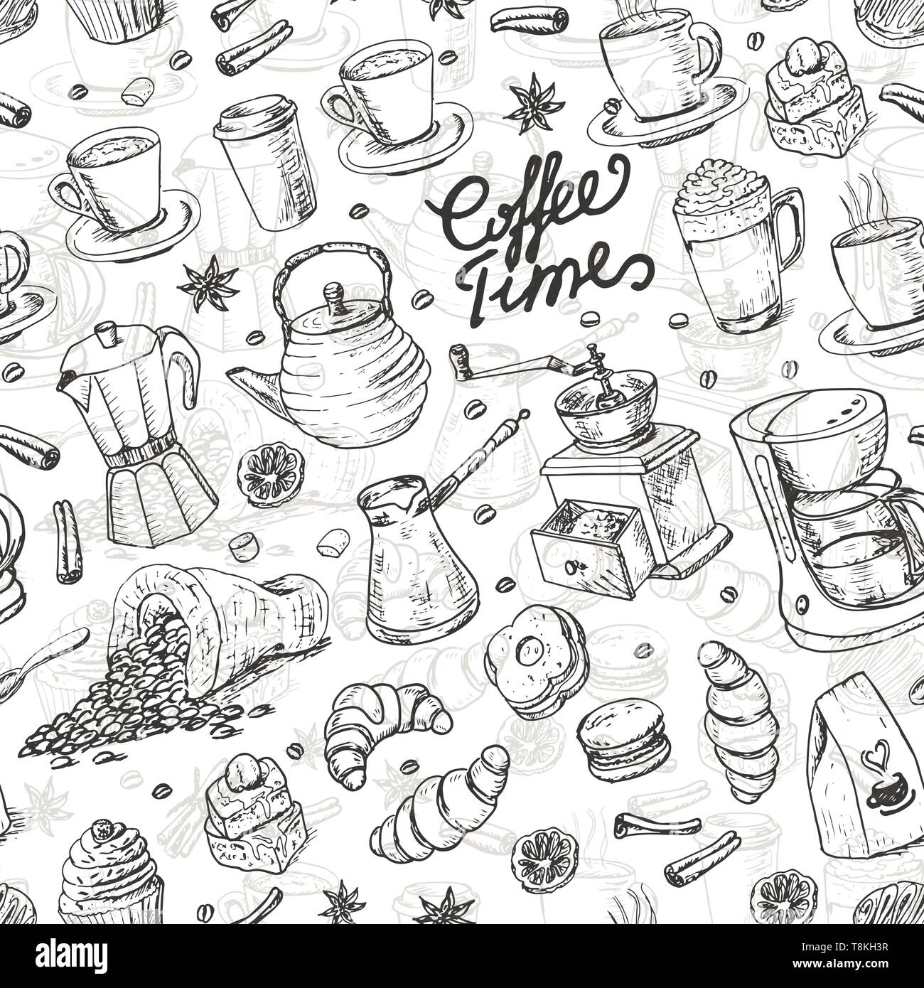 Seamless pattern with coffee elements on white background. Vector ...