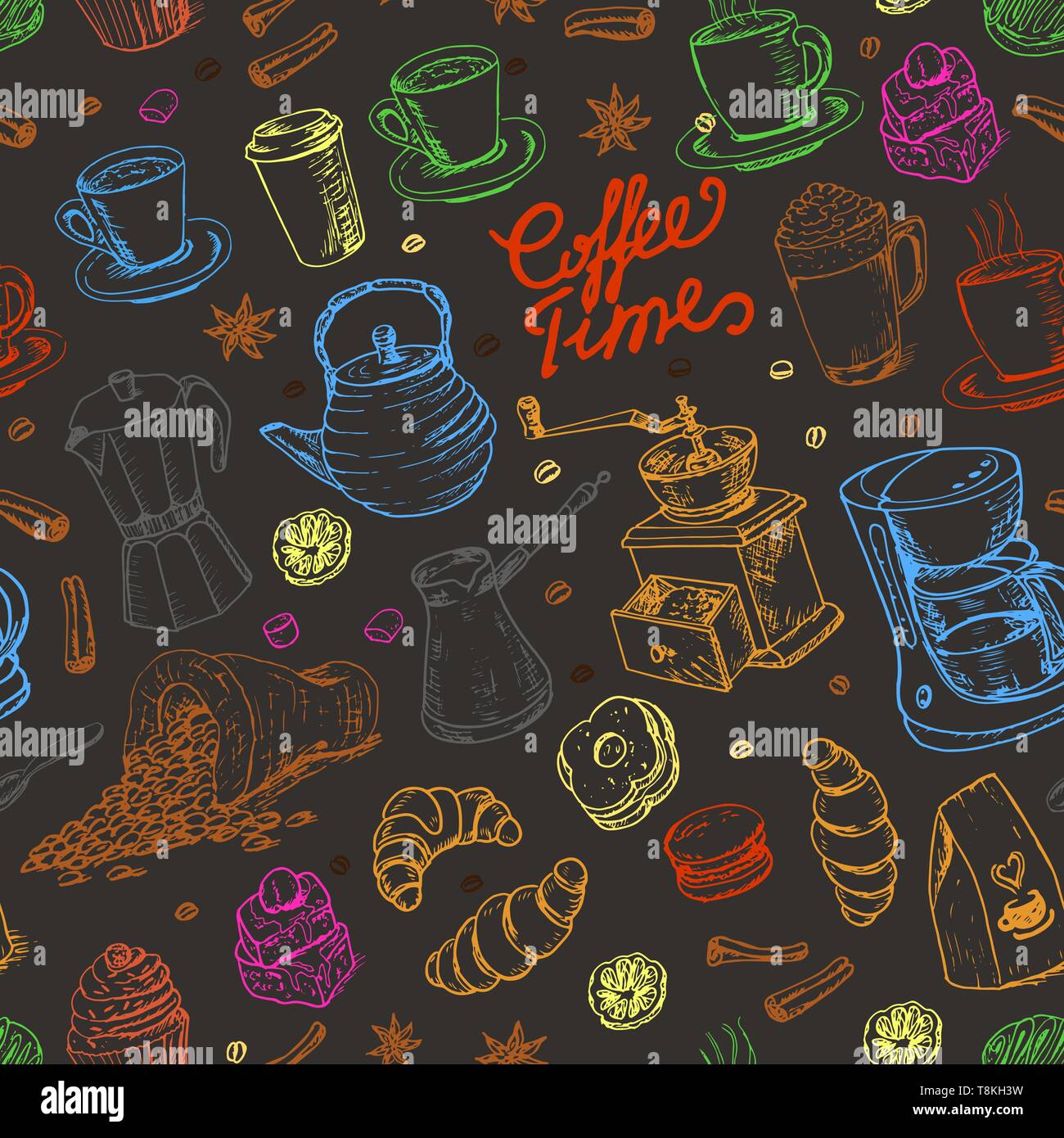 Seamless pattern with coffee elements on black background. Vector ...