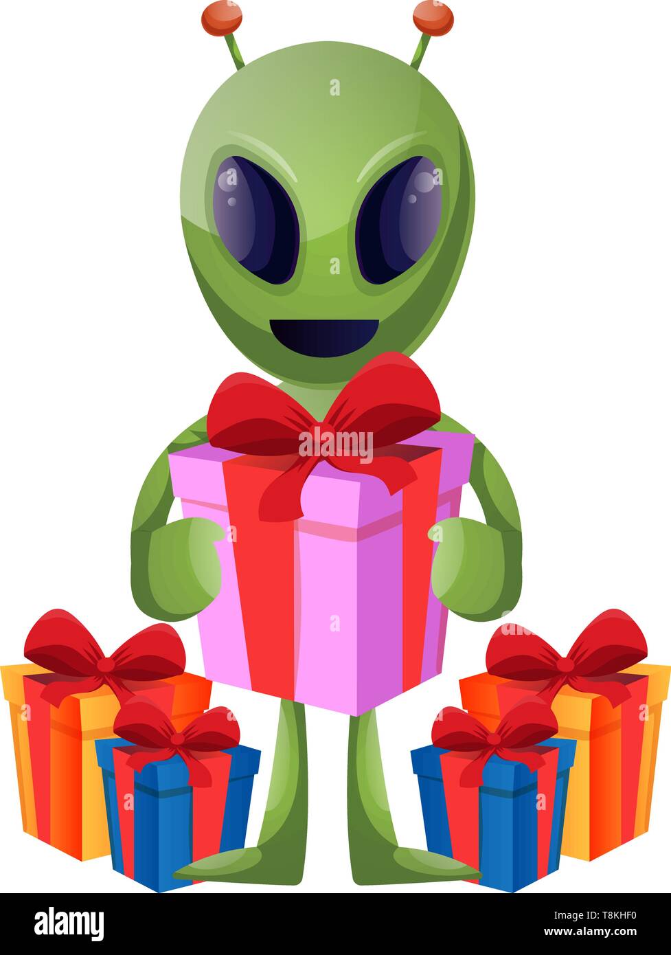Alien with present, illustration, vector on white background Stock ...