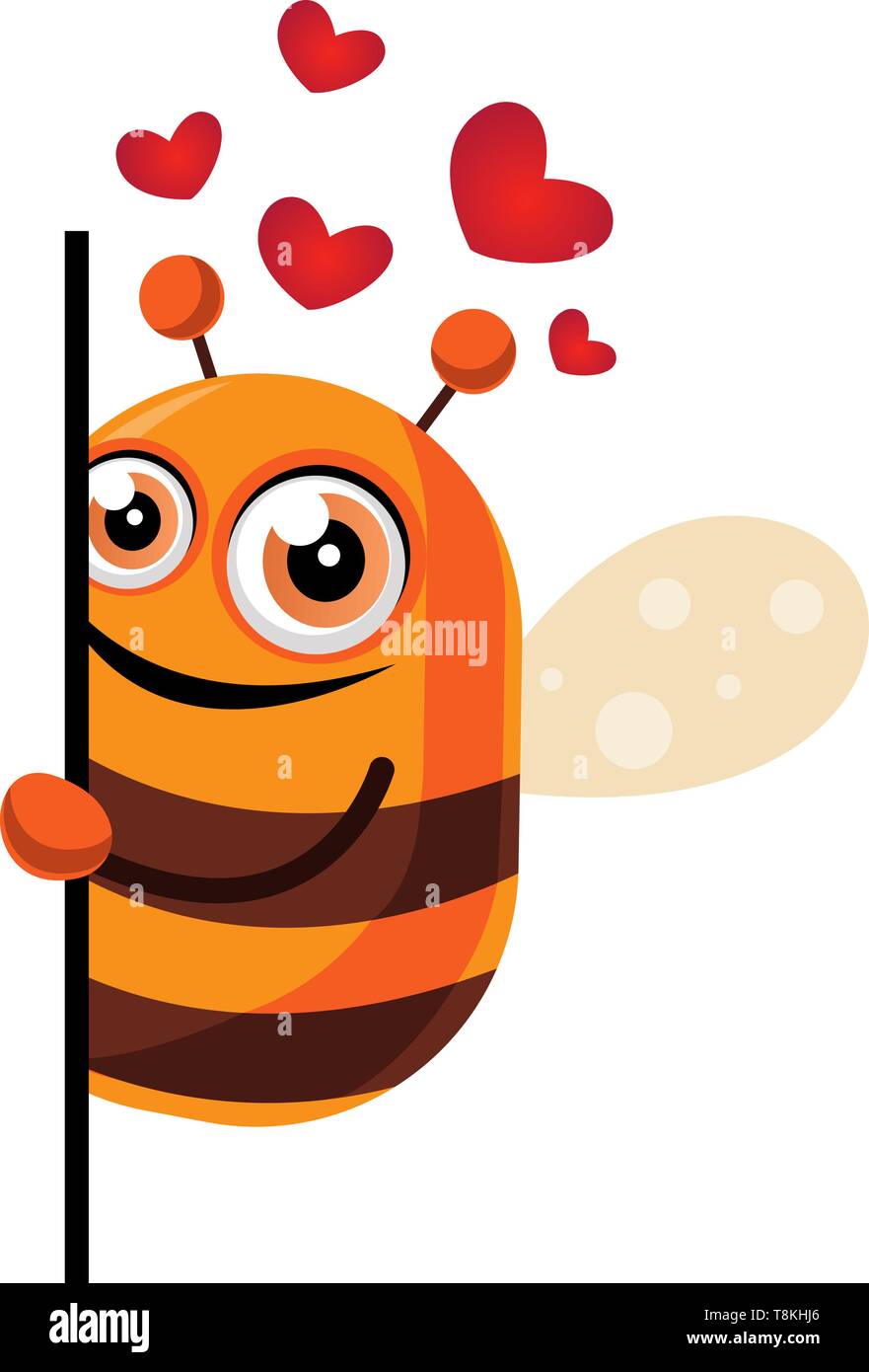 Bee in love looking behind wall, illustration, vector on white ...