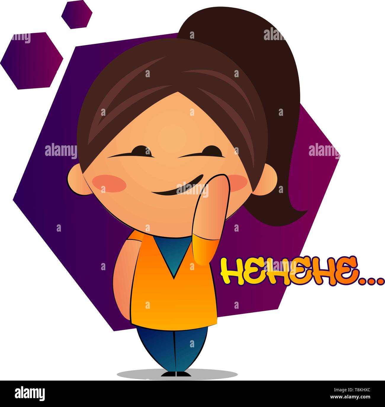 Girl with brown ponytail says hehehe, illustration, vector on white ...