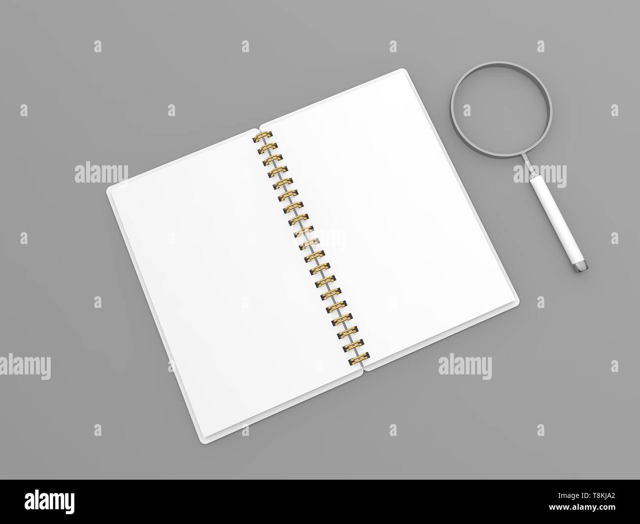 Notepad and magnifying glass layout on a gray background. 3d render ...