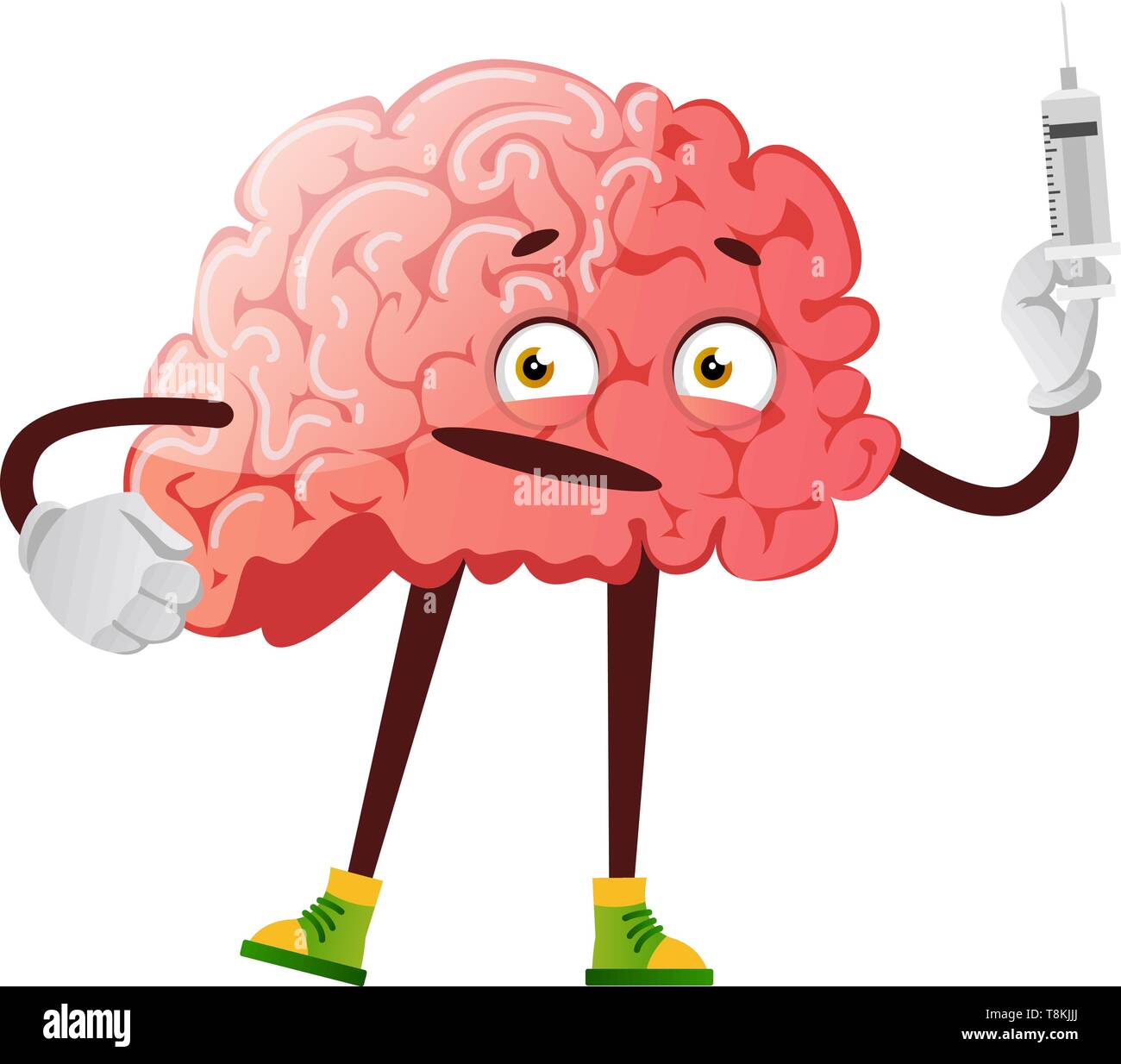 Brain holding a injection, illustration, vector on white background ...