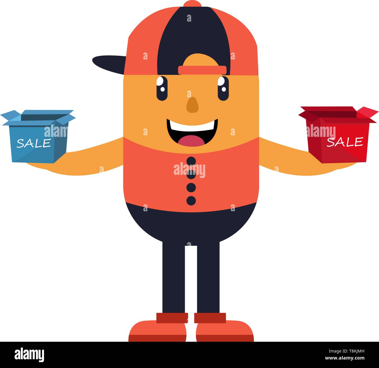 Man with hat holding small boxes, illustration, vector on white ...