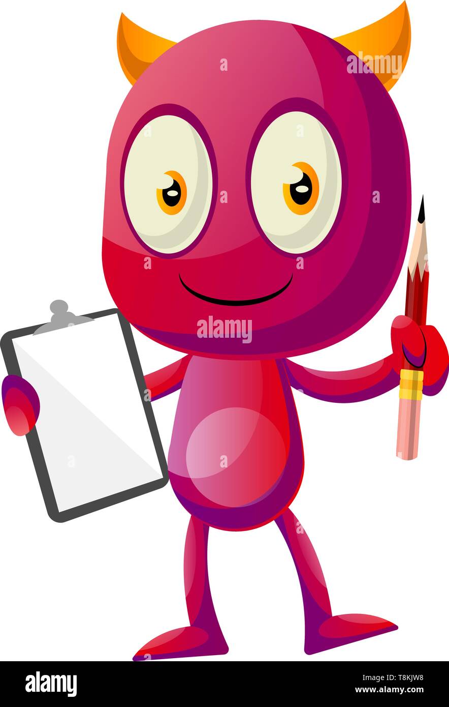 Devil holding pencil and notebook, illustration, vector on white ...