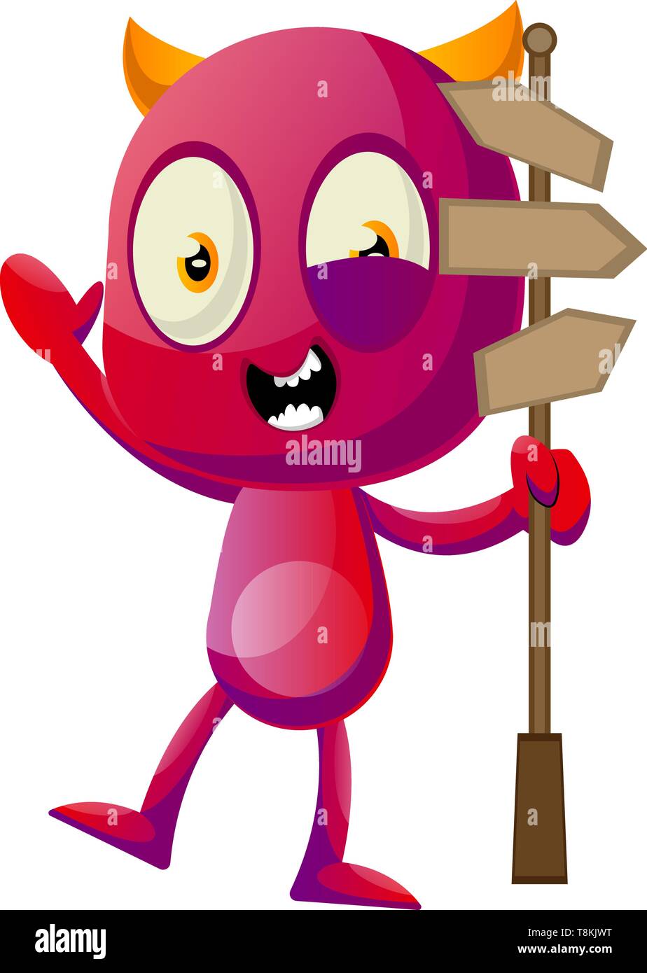 Devil with road sign, illustration, vector on white background Stock ...