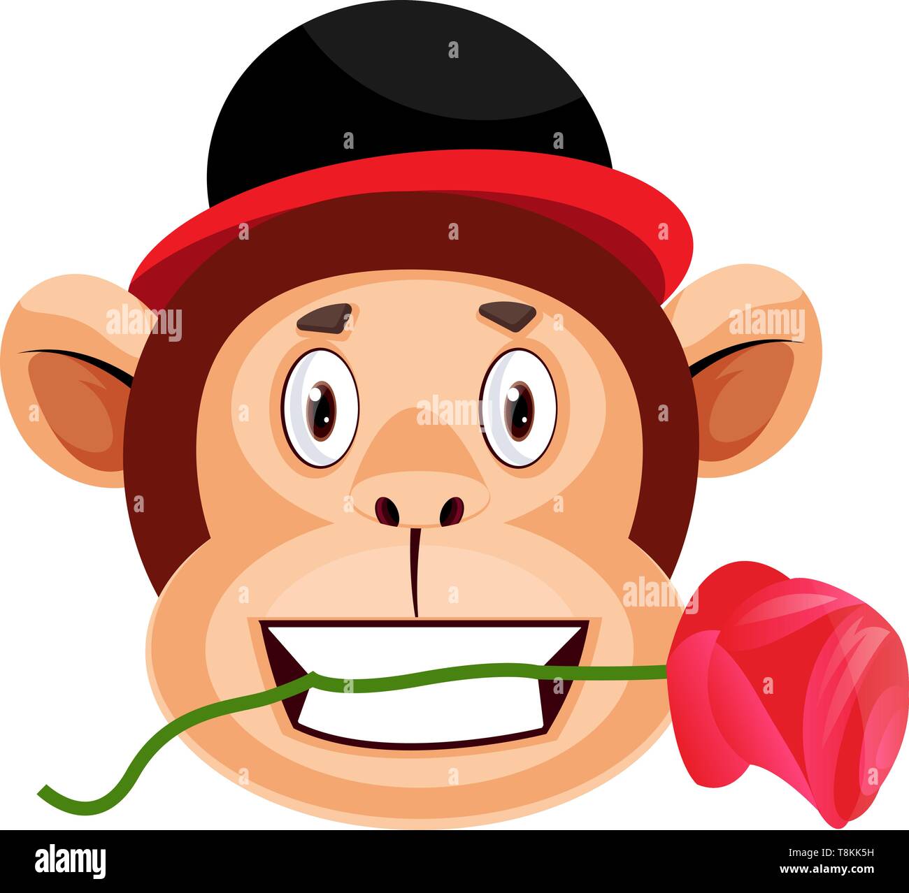 Monkey is holding rose in his mouth, illustration, vector on white ...