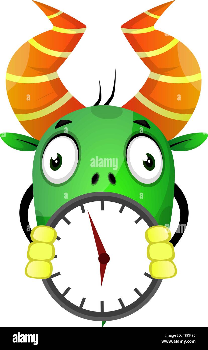 The monster with horn holding a wall clock, illustration, vector on ...
