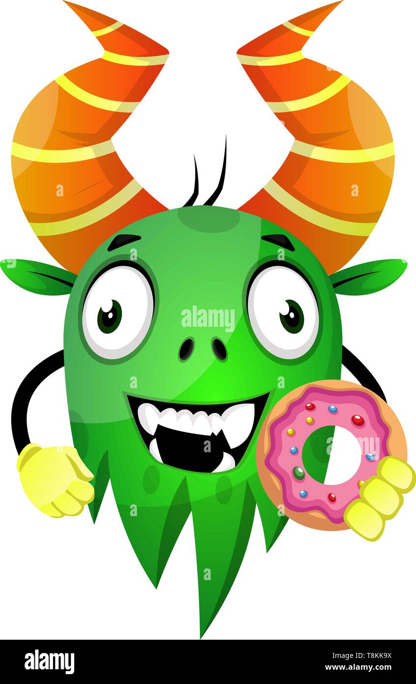 Happy monster holding a donut, illustration, vector on white background ...