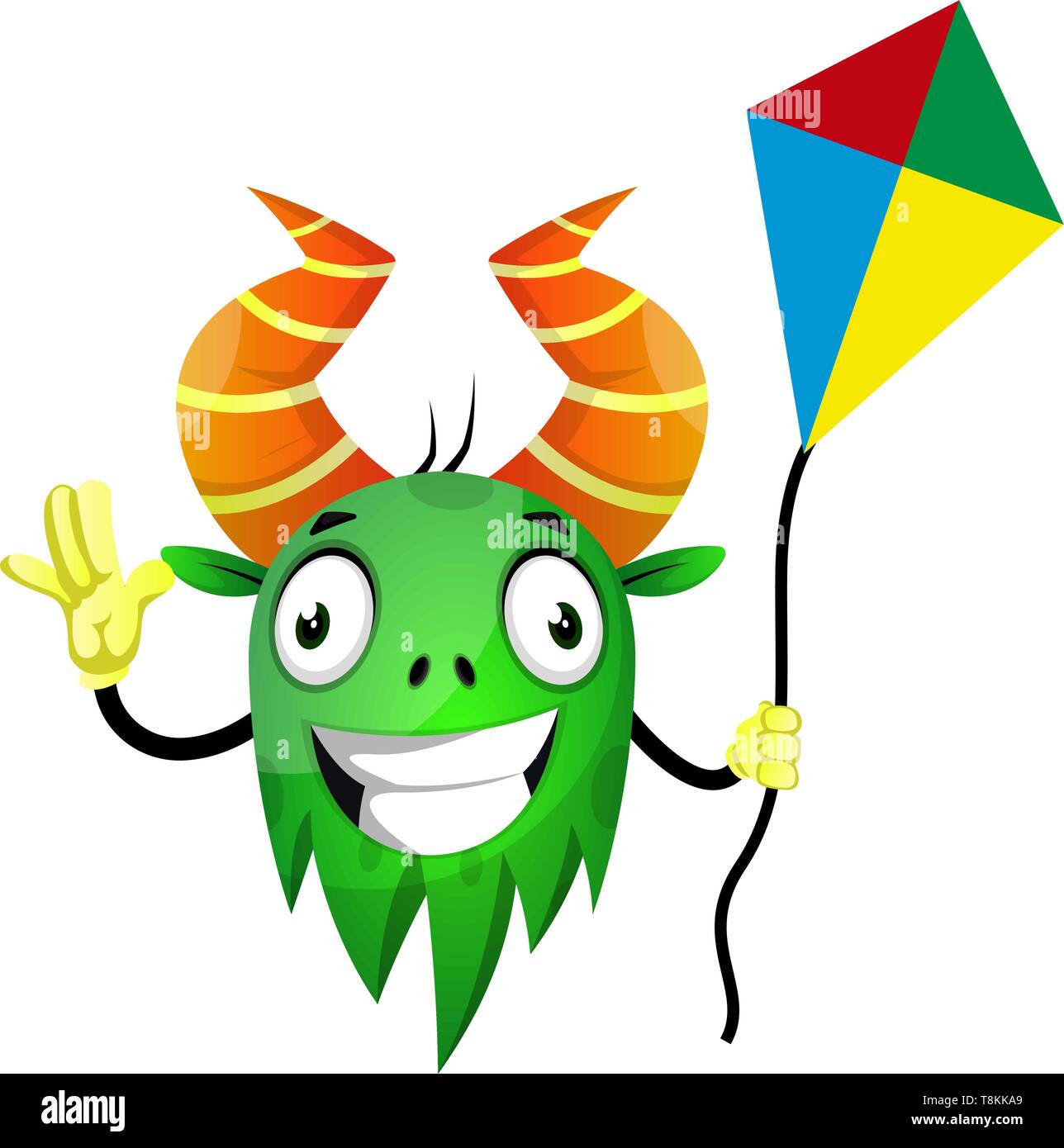 Monster playing with flying kite, illustration, vector on white ...