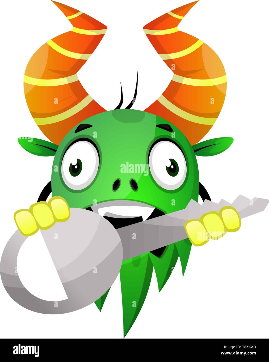 Cartoon monster holding huge key, illustration, vector on white ...