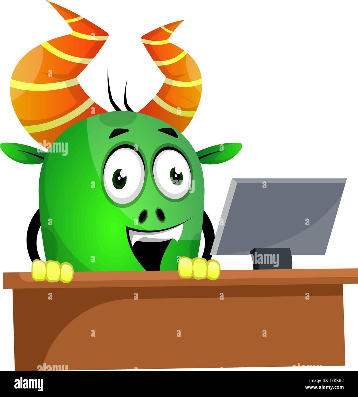 Monster browsing on computer, illustration, vector on white background ...