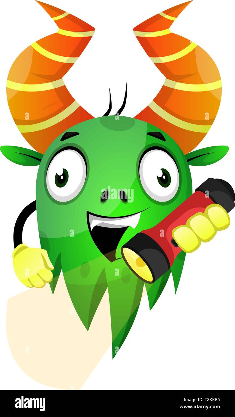 Monster with flashlight, illustration, vector on white background Stock ...