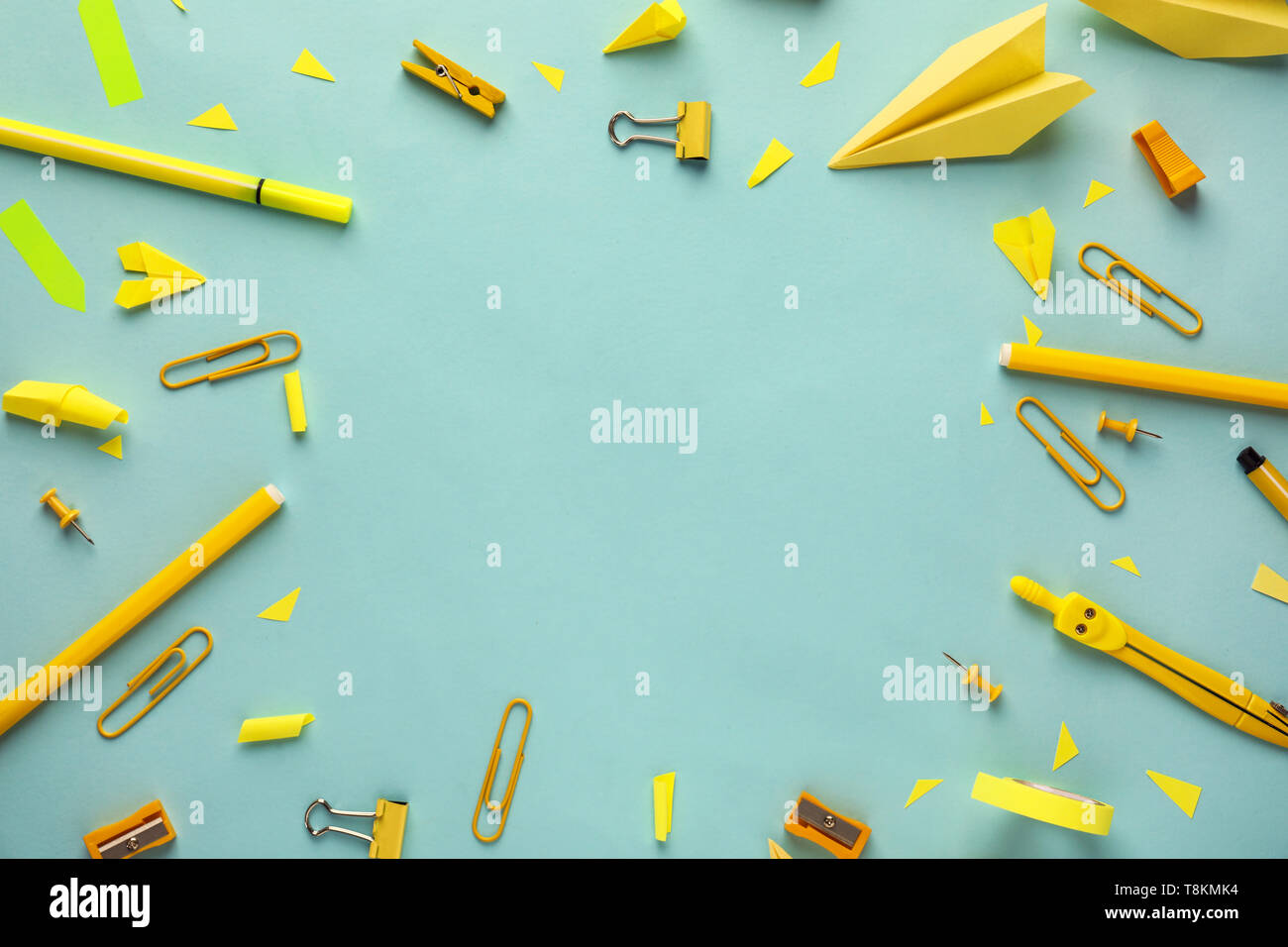 Set of school stationery on color background Stock Photo - Alamy