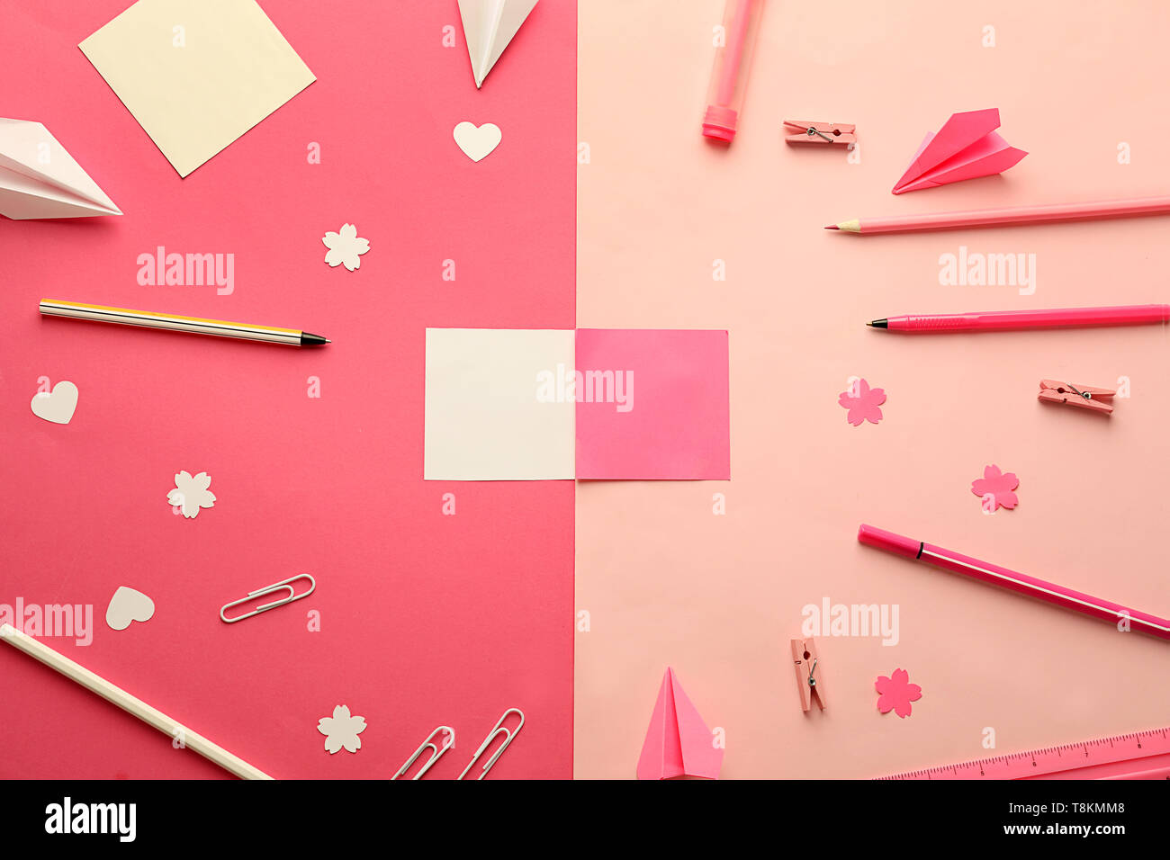 Set of school stationery on color background Stock Photo - Alamy