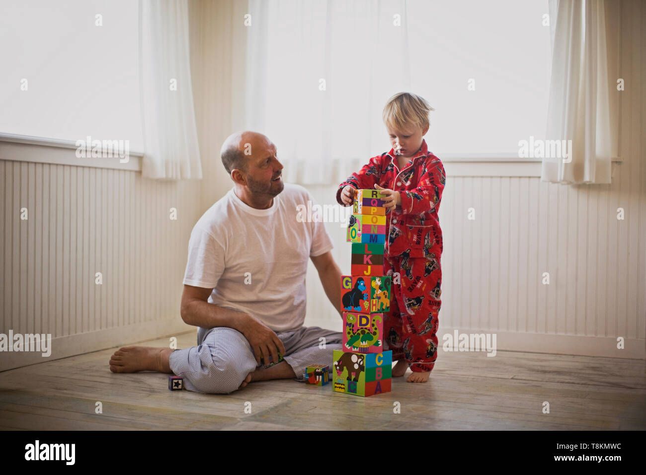 Father and son building a tower of blocks Stock Photo - Alamy