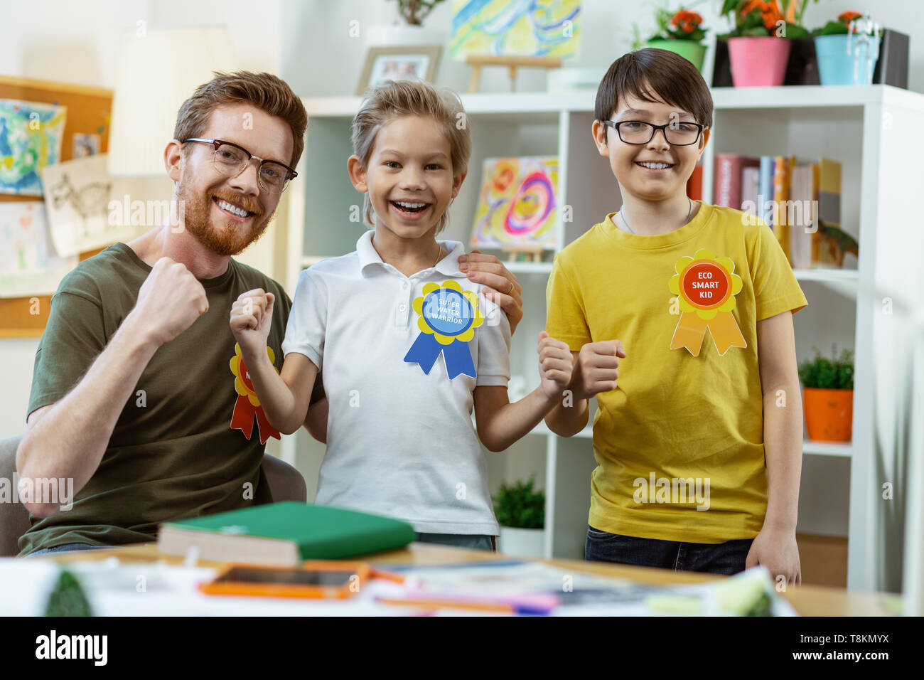 Inspired young students being happy with results of their works Stock ...