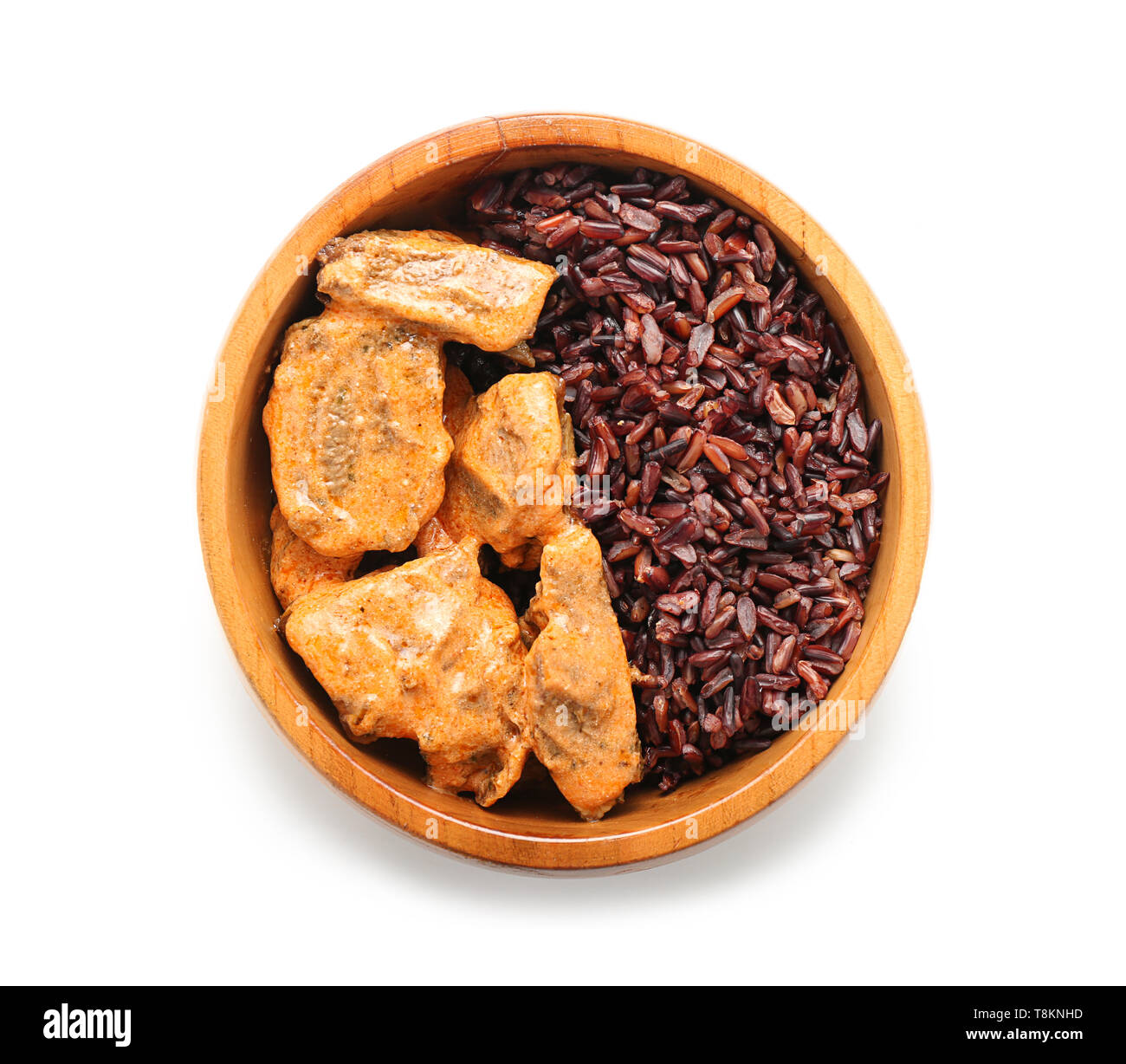 Tasty boiled wild rice with meat in bowl, isolated on white Stock Photo ...