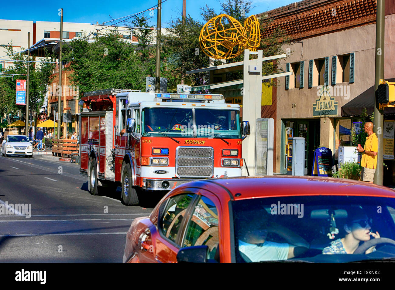 Fire truck racing to the scene of an accident down E Congress Street in ...