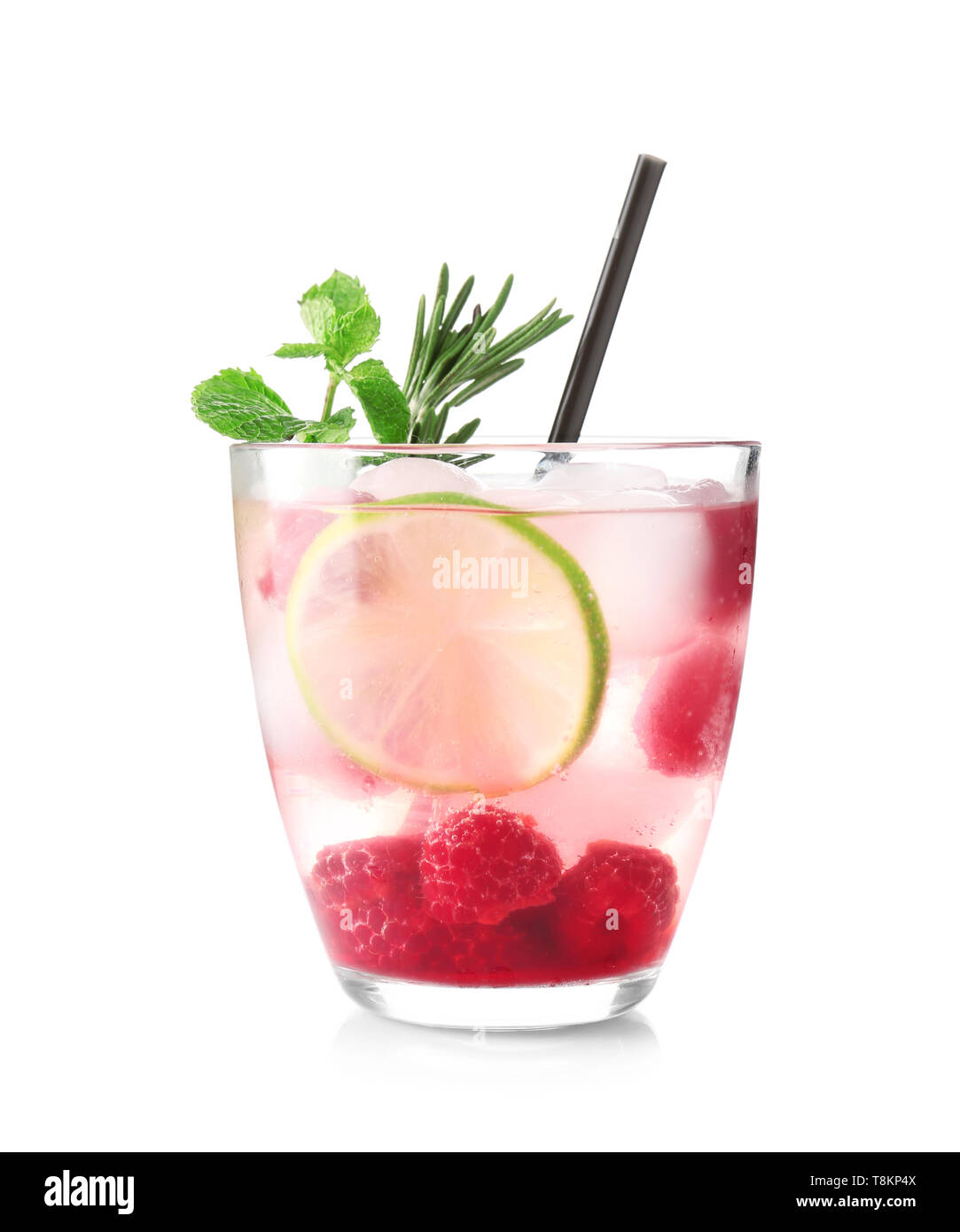 Glass of fresh raspberry lemonade on white background Stock Photo - Alamy