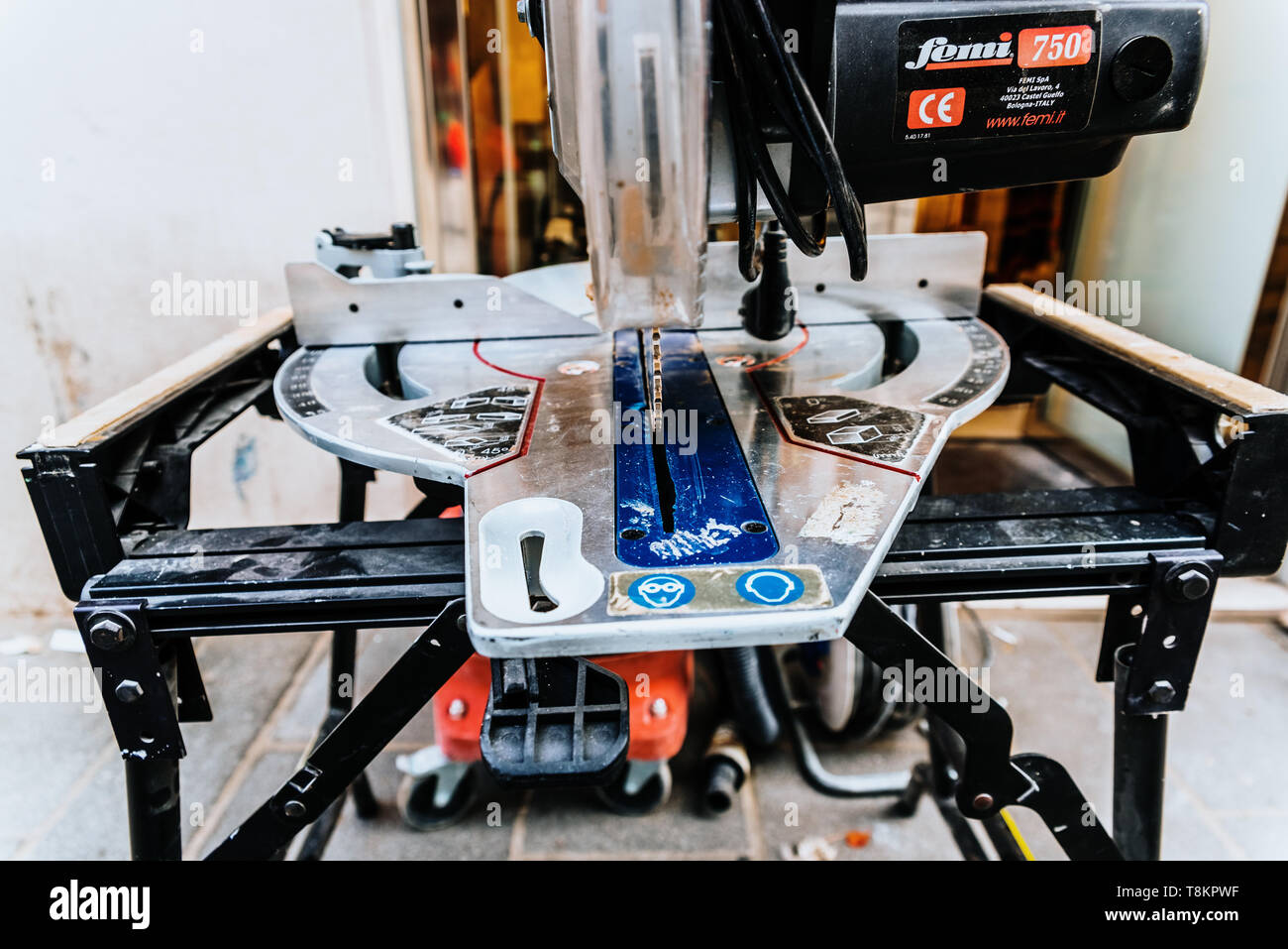 Bari, Italy - March 12, 2019: Professional electric circular saw Femi ...