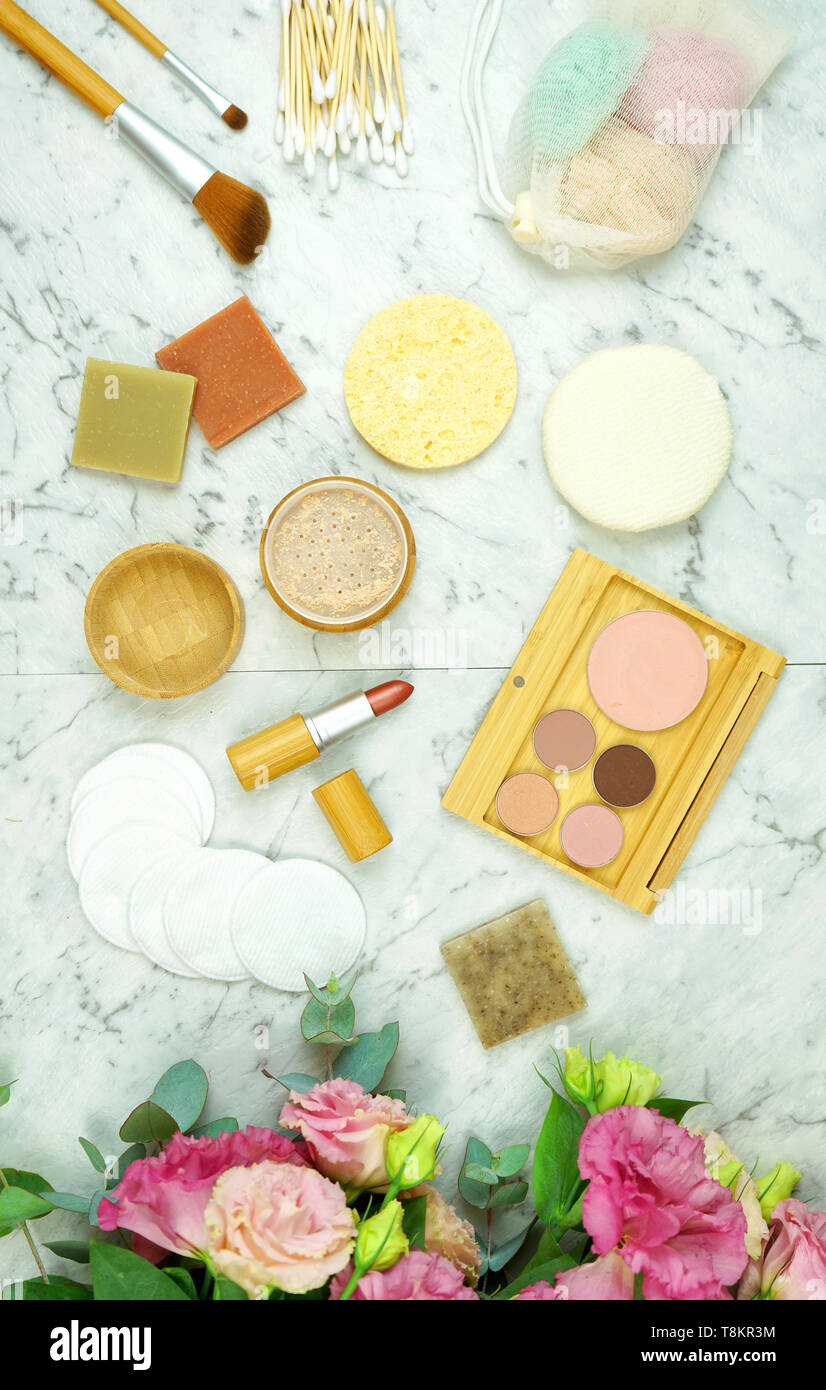 Zero-waste, plastic-free beauty and makeup flatlay overhead with ...