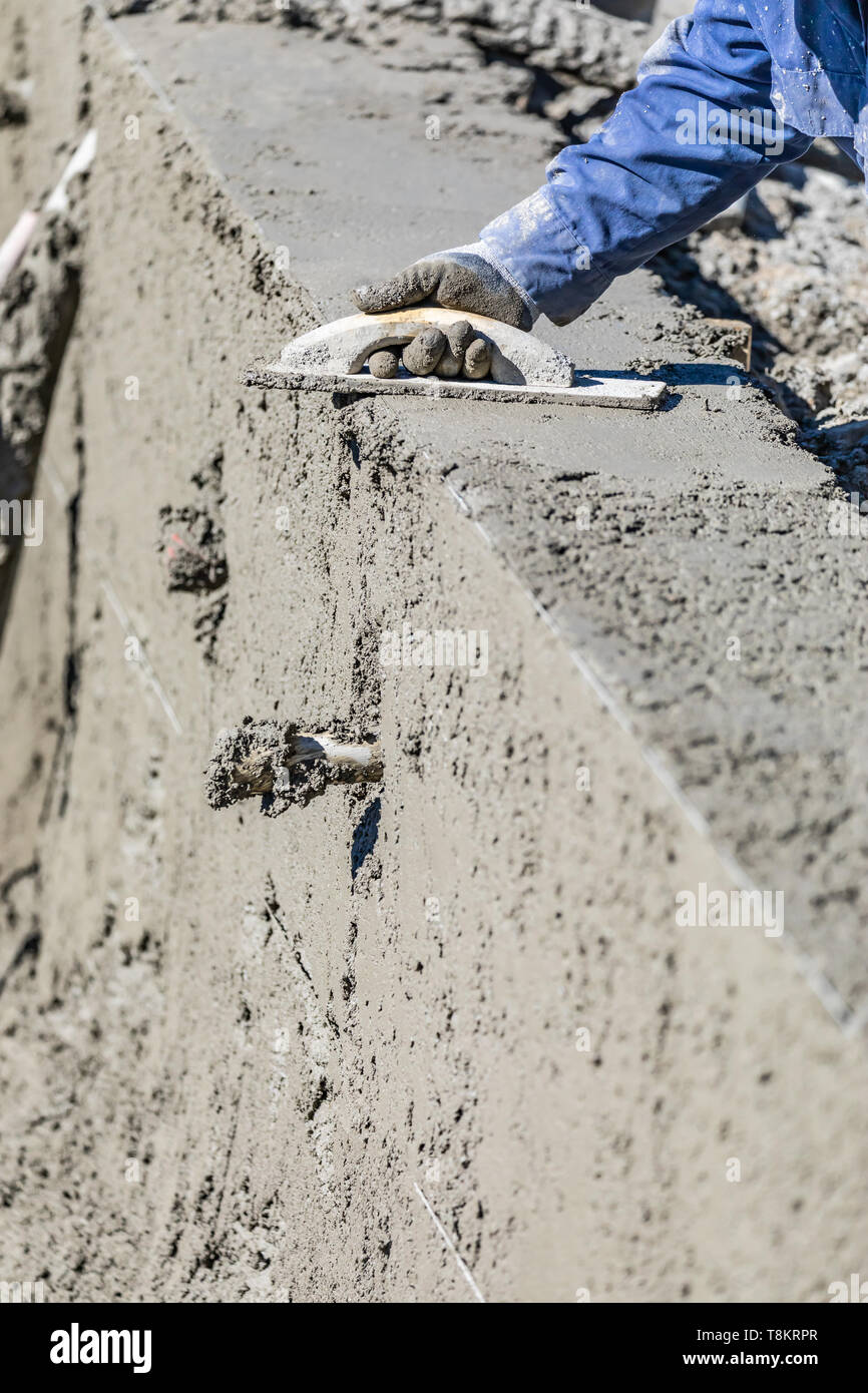 Pool Construction Worker Working With Wood Float On Wet Concrete Stock ...