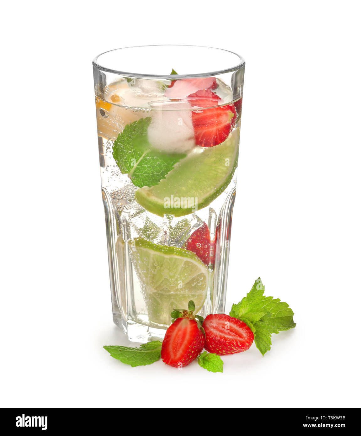 Glass of fresh strawberry lemonade on white background Stock Photo - Alamy