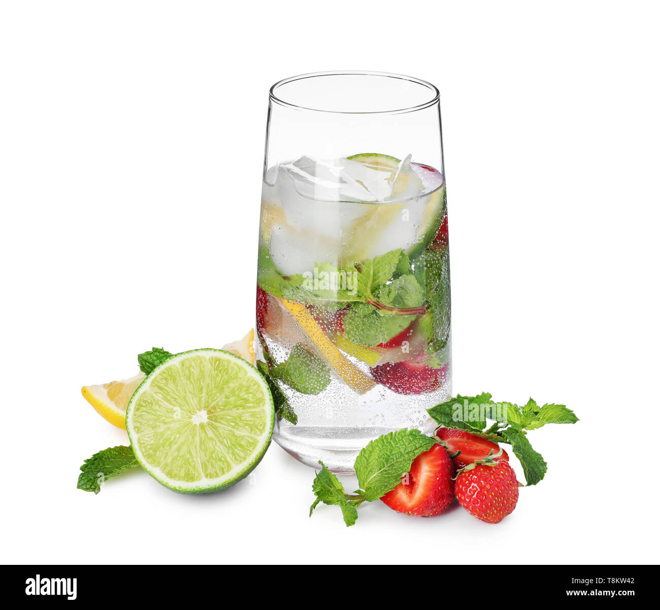 Glass of fresh strawberry lemonade on white background Stock Photo - Alamy