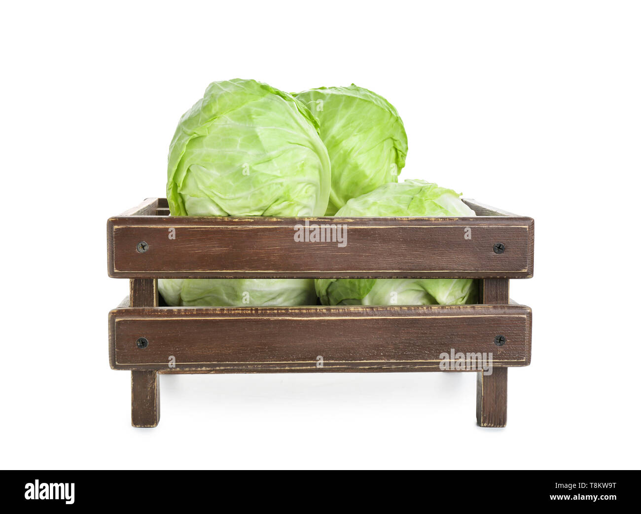 Crate with fresh cabbage on white background Stock Photo - Alamy