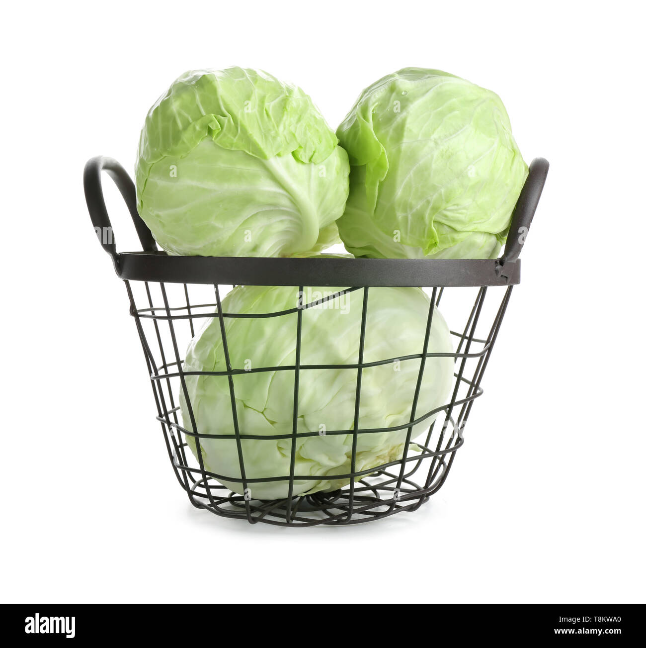 Metal basket with fresh cabbage on white background Stock Photo - Alamy