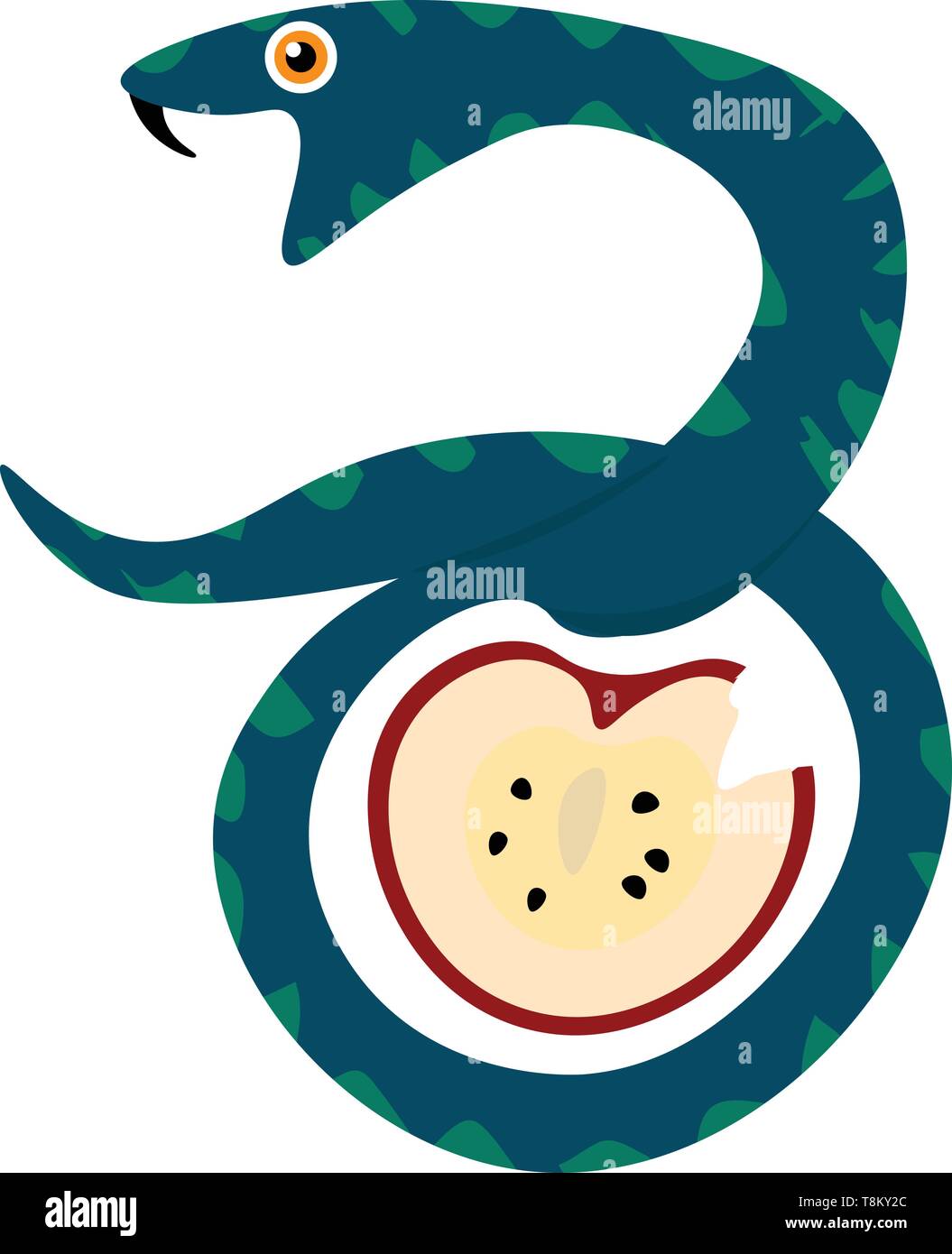 A slice of apple surrounded by a blue colored snake with small yellow ...