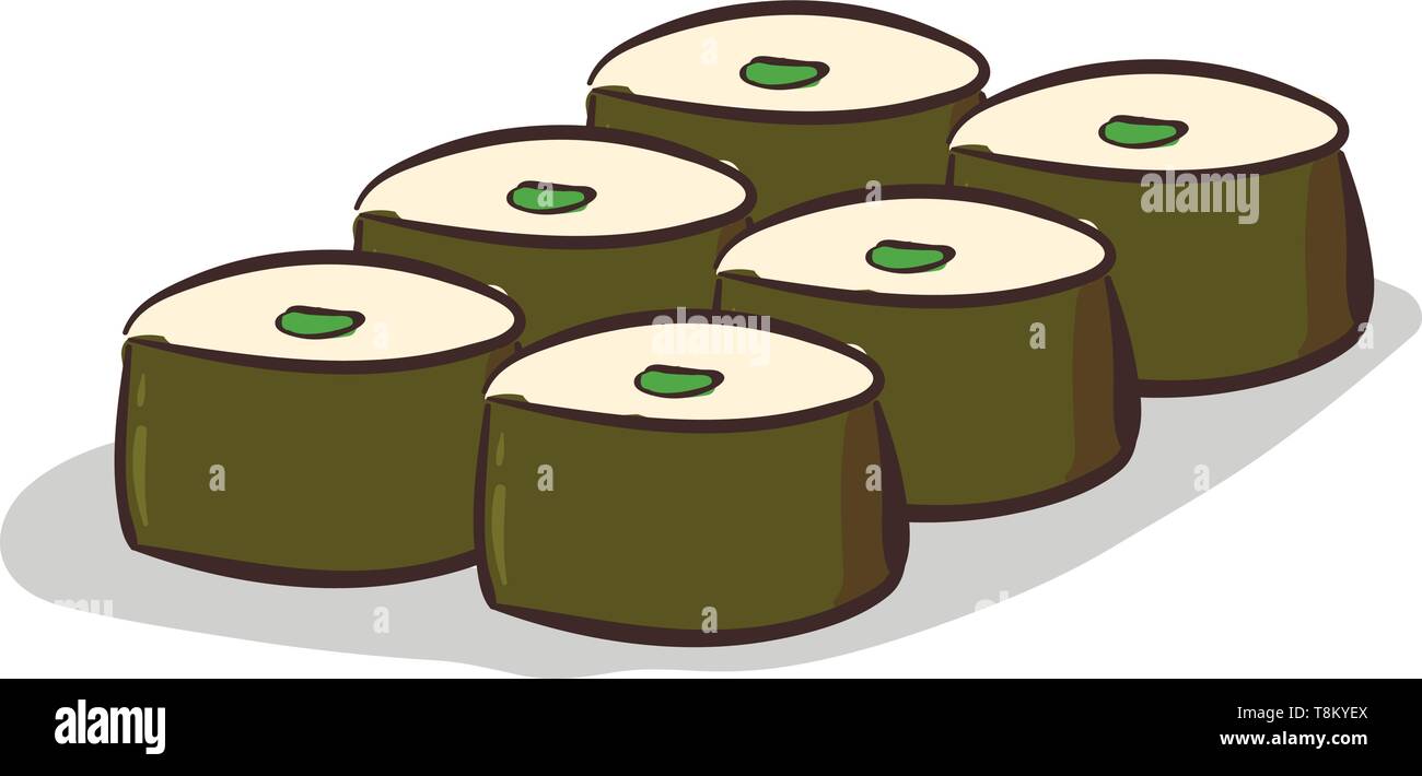 Six sushi with rice and green vegetable, vector, color drawing or ...