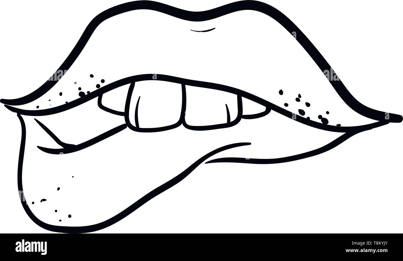 Tattoo of a lip been bitten by teeth, vector, color drawing or ...