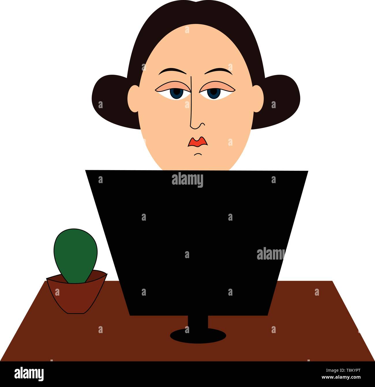 A woman working on computer with tired face, vector, color drawing or ...