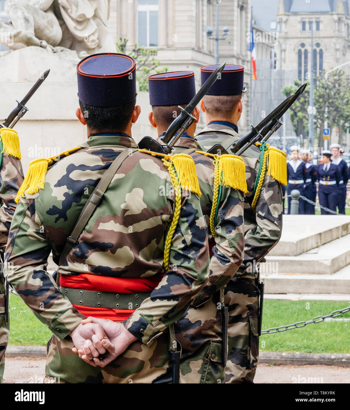 Rear view of soldiers at ceremony to mark Western allies World War Two ...