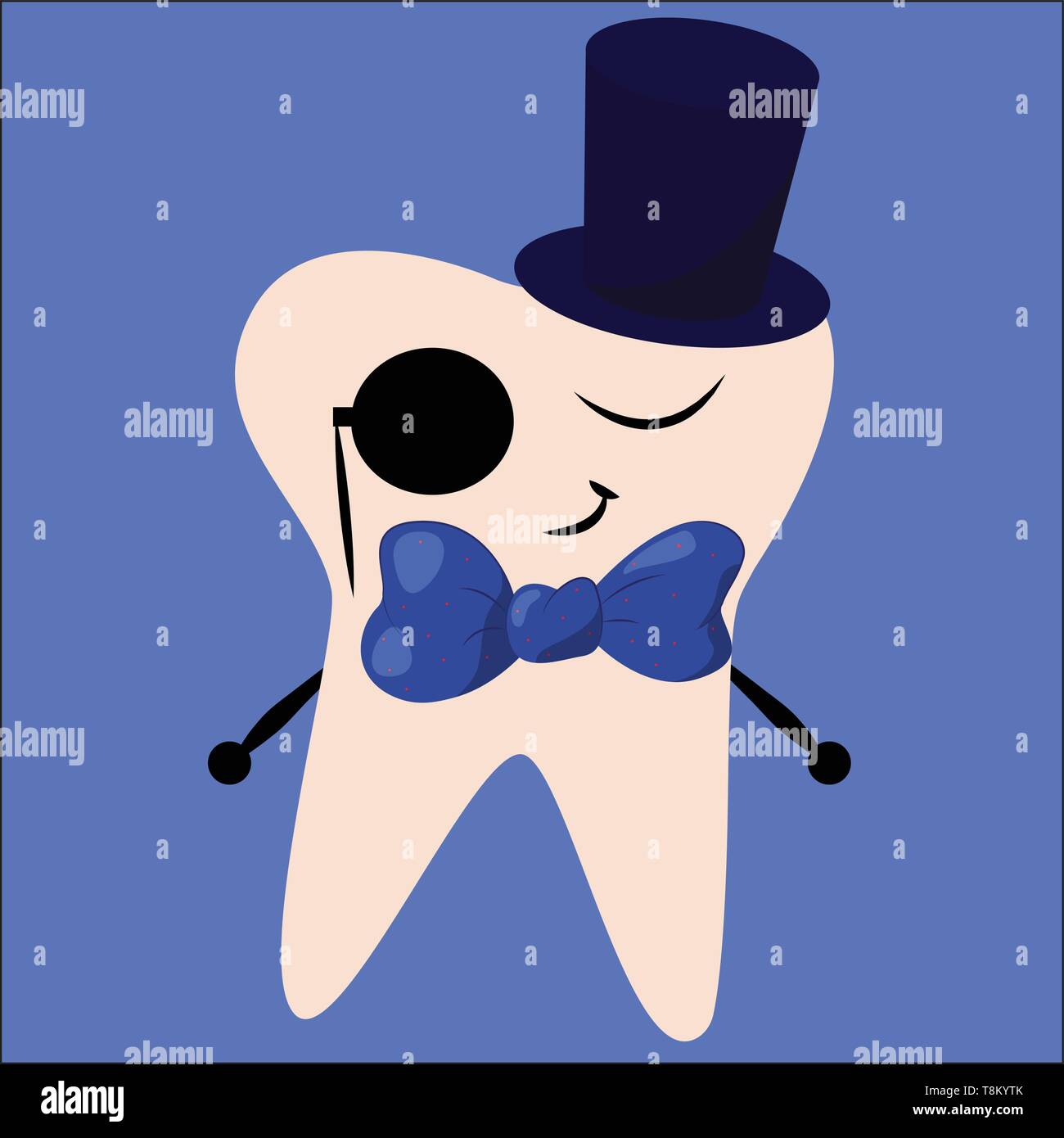 A white tooth with blue bow and black hat and one eye closed, vector ...