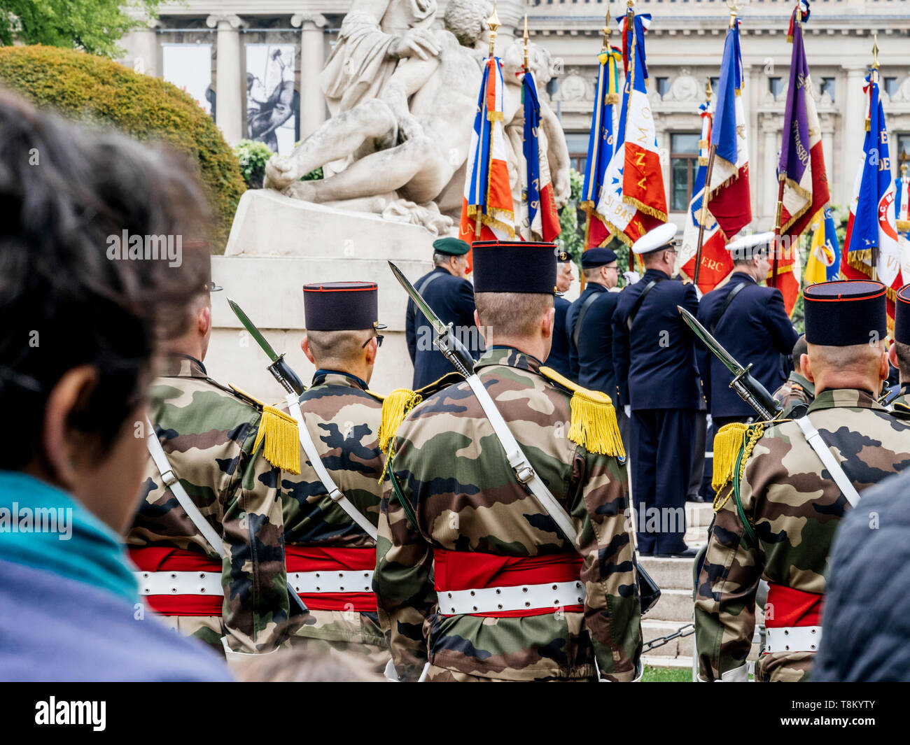 STRASBOURG, FRANCE - MAY 8, 2017: Rear view of soldiers at ceremony to ...