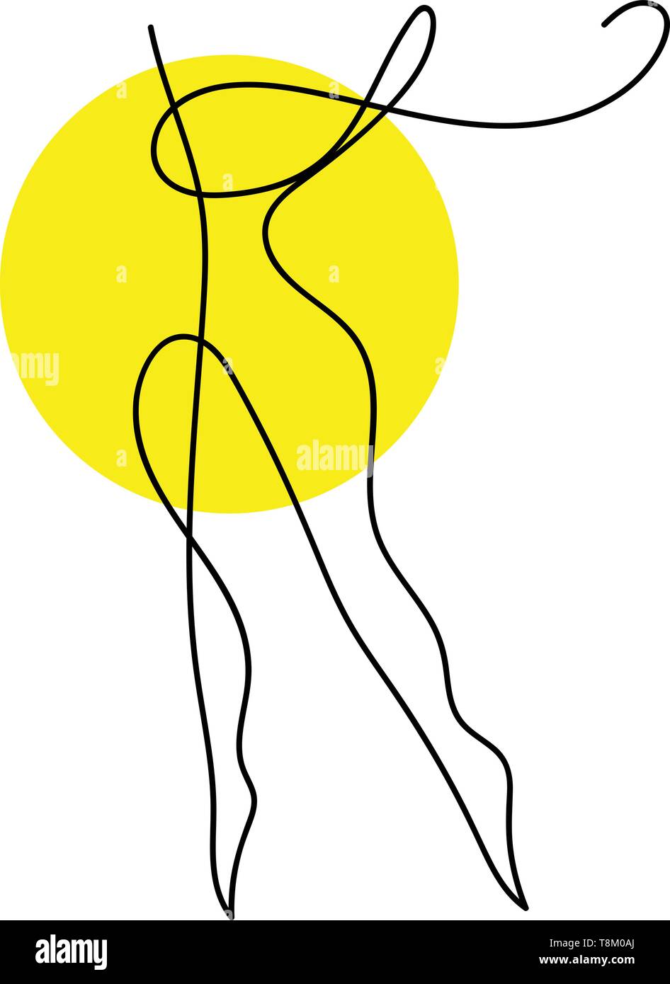 A sketch of a dancing woman in front of sun, vector, color drawing or ...