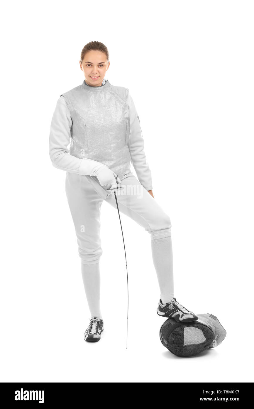 Young female fencer on white background Stock Photo - Alamy