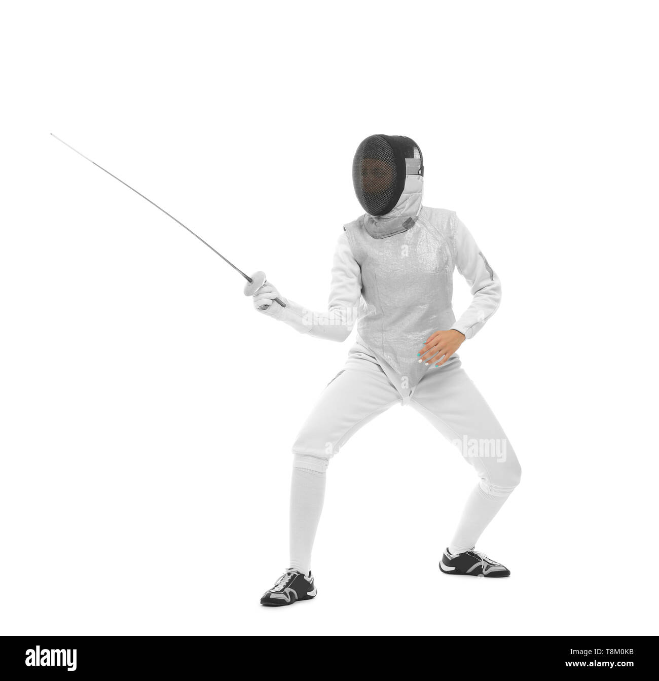 Young female fencer on white background Stock Photo - Alamy