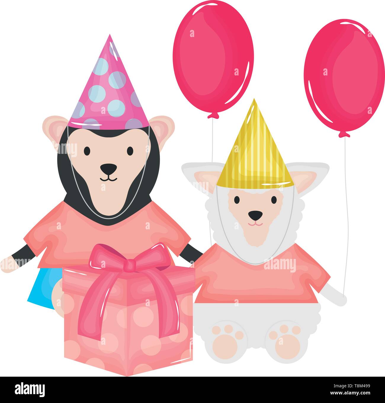 cute monkey and sheep in birthday party vector illustration design ...