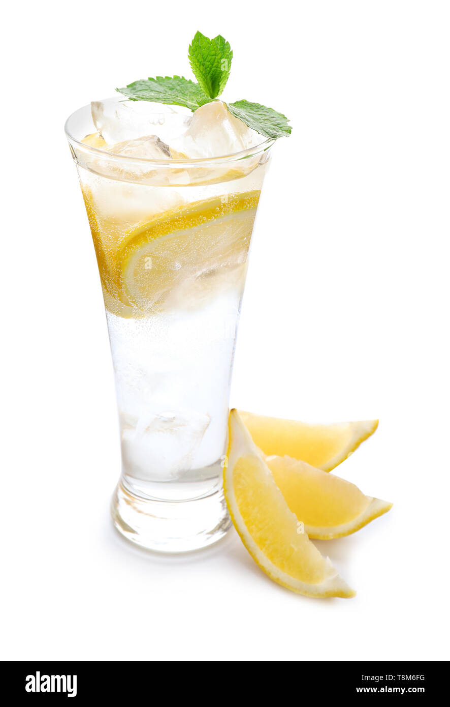 Glass of fresh lemonade on white background Stock Photo - Alamy