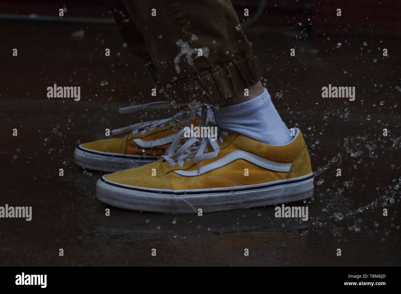 Yellow Vans in a Puddle Stock Photo - Alamy