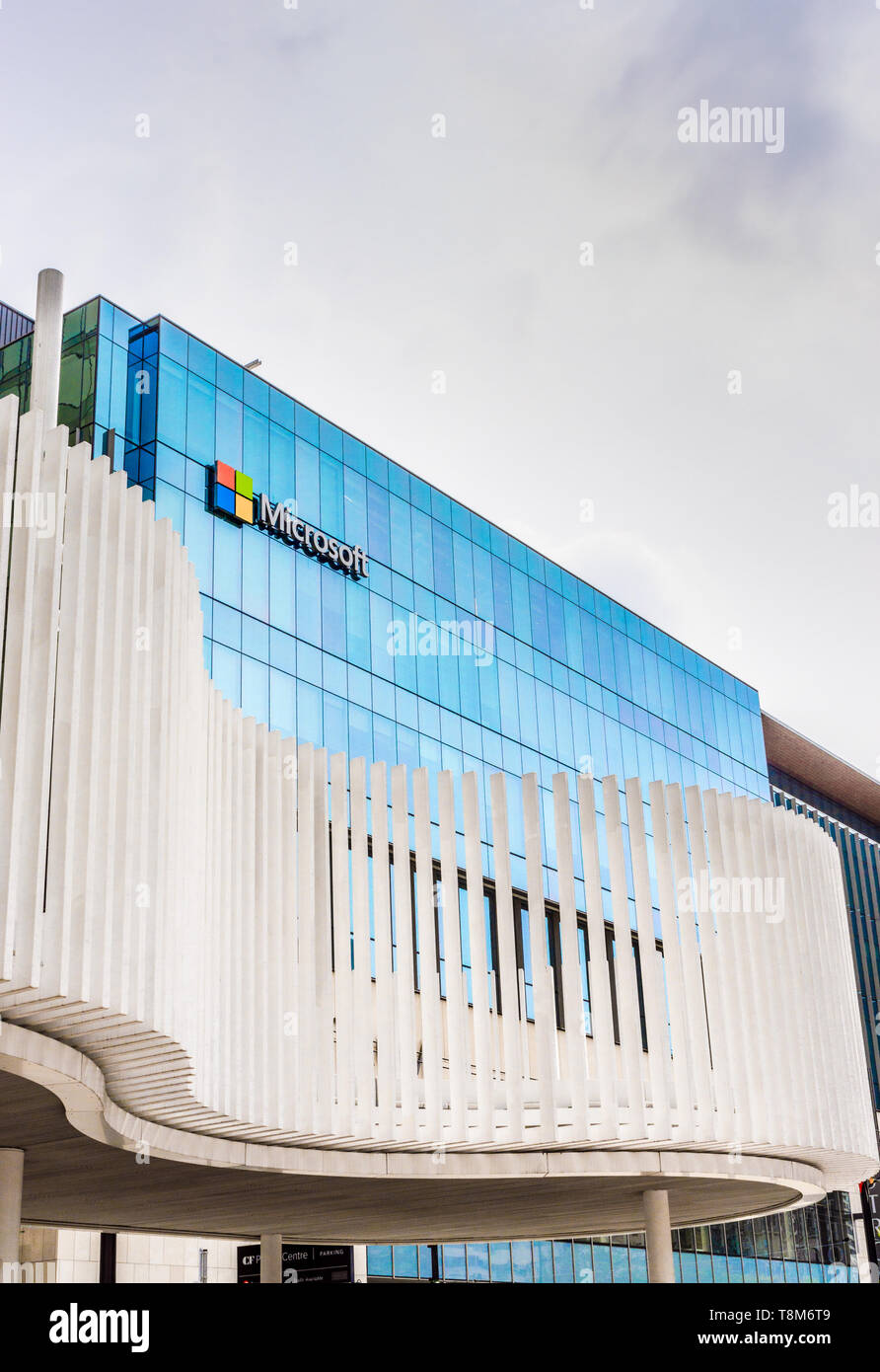 Exterior view of Microsoft Corporation logo on glass windowed West side ...