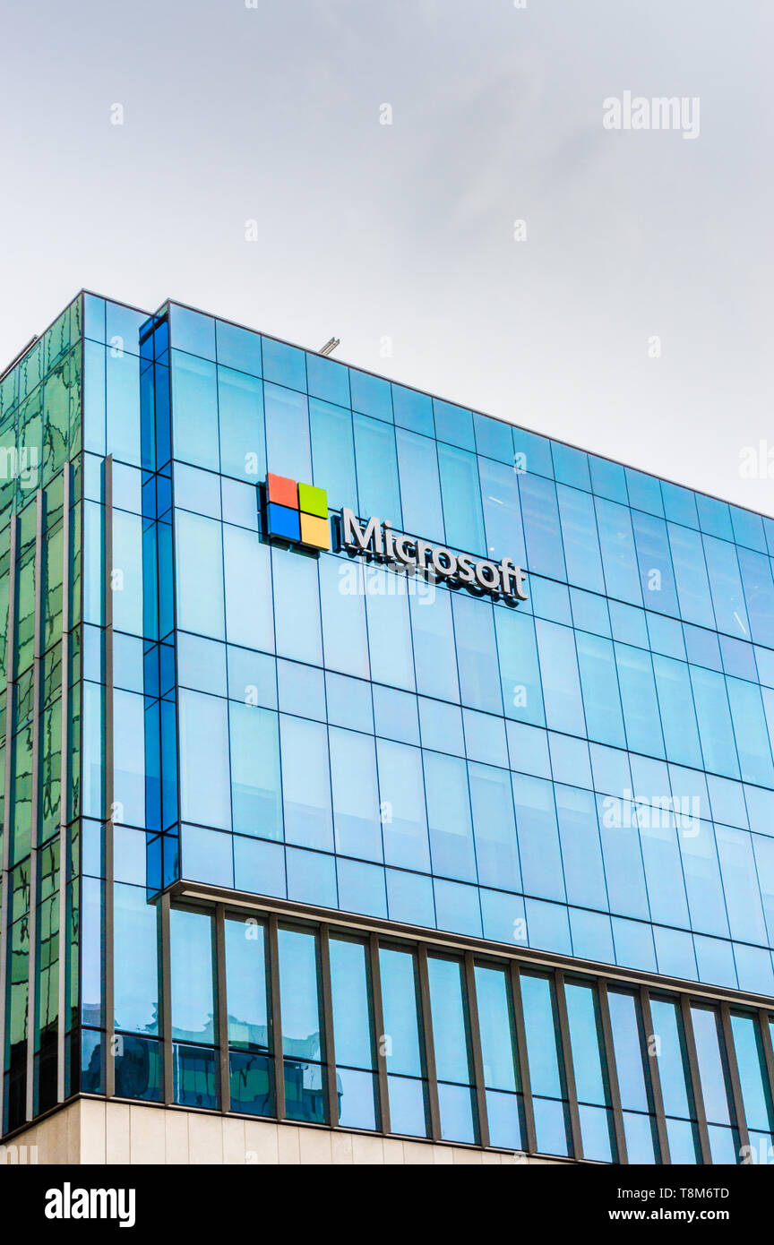 Exterior view of Microsoft Corporation logo on glass windowed West side ...