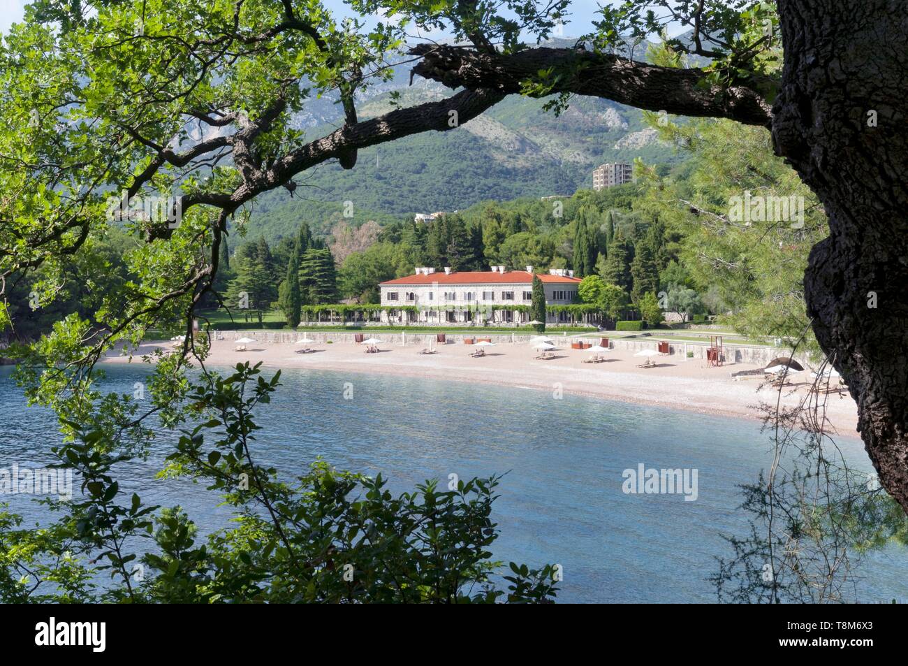 Montenegro, Budva Riviera, Milocer Beach and luxury resort hotel, old ...