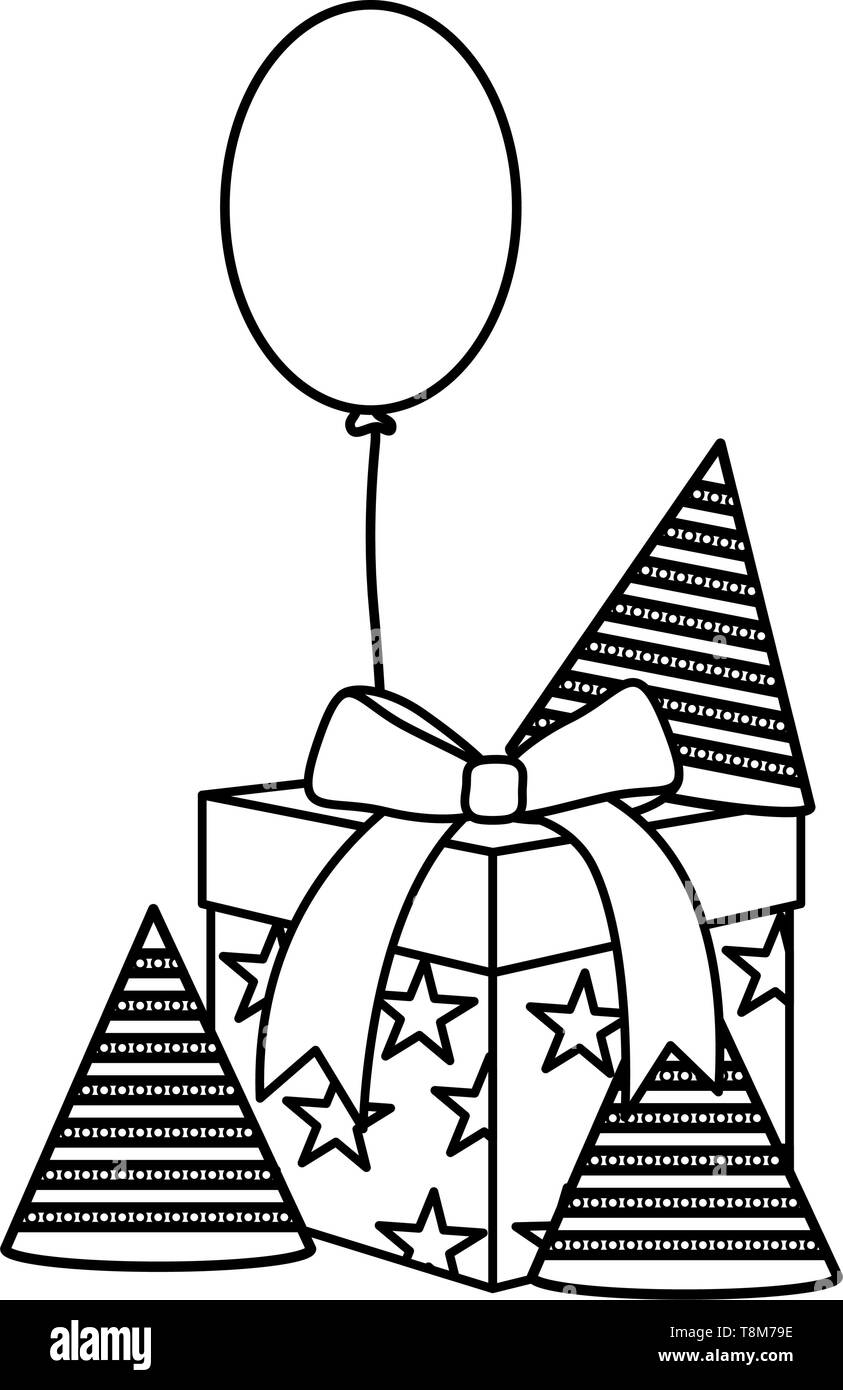 gift box with party hat and balloons helium floating vector ...